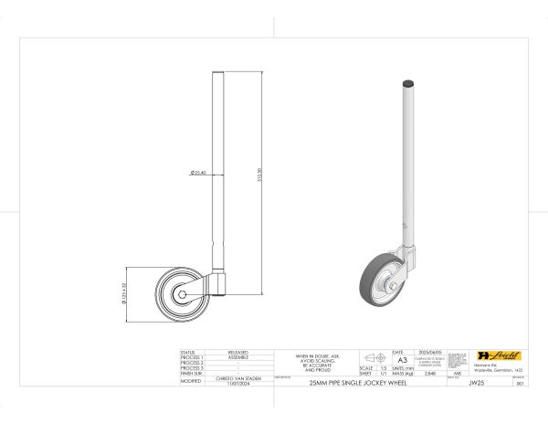 25mm Pipe Single Jockey Wheel - Henred Leicht
