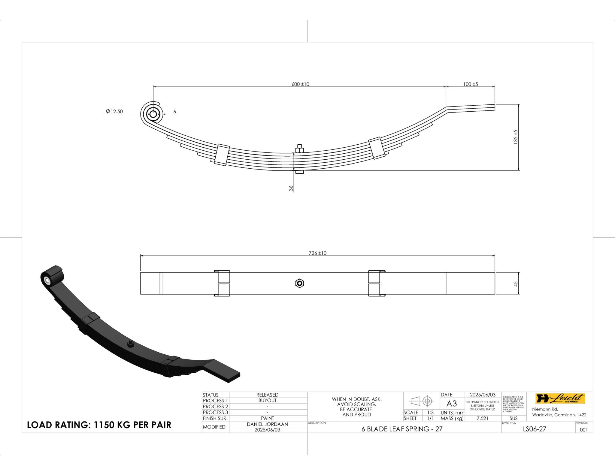 LEAF SPRING 6 BLADE 1150KG(PAIR) 27" - Henred Leicht